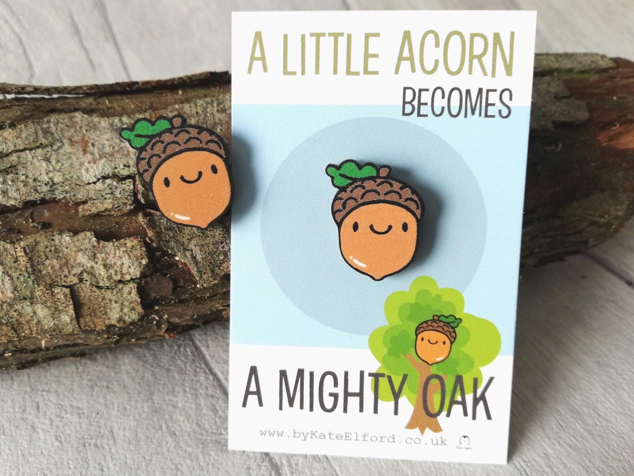 Mini wooden acorn pin – by Kate Elford