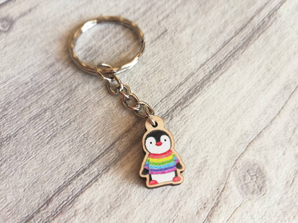 Little rainbow penguin keyring – by Kate Elford